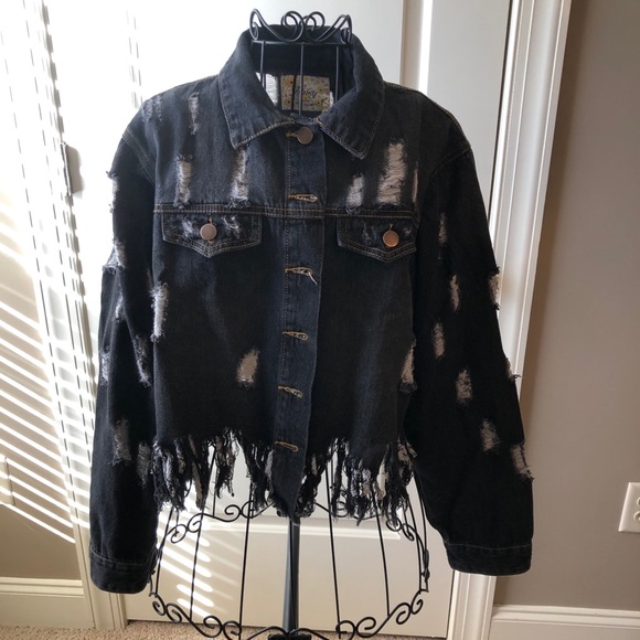 Daisy | Jackets & Coats | Black Distressed Denim Cropped Jacket | Poshmark